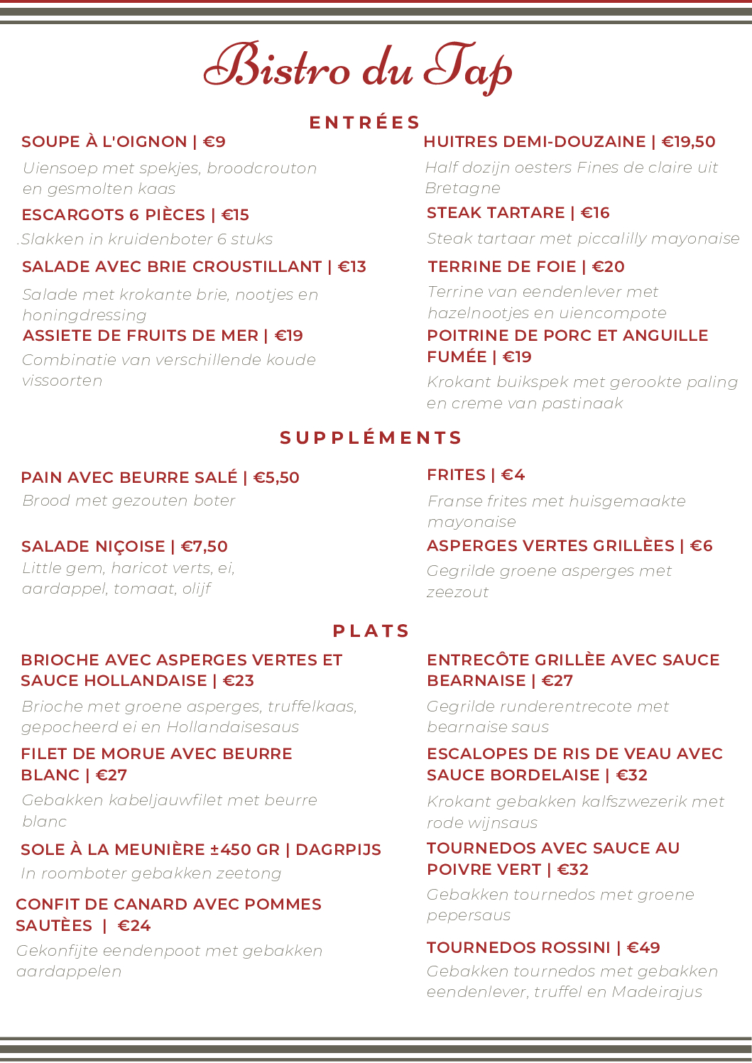 menu - Bistro du tap