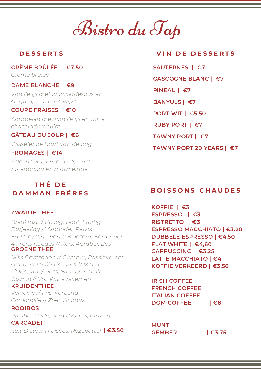 menu - Bistro du tap
