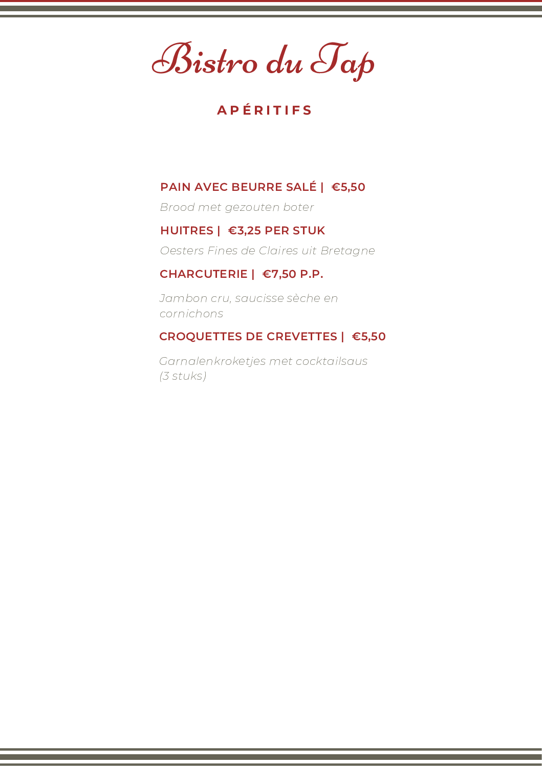 menu - Bistro du tap